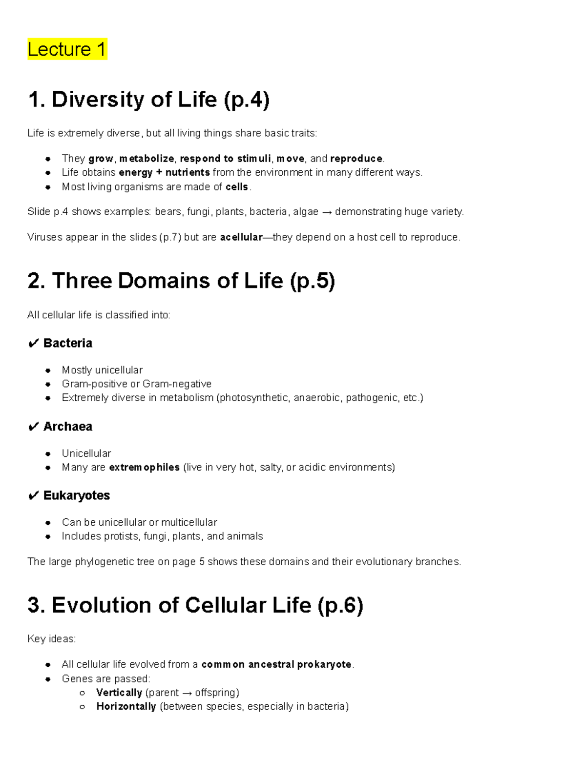 BIO 101 Lecture Notes: Diversity of Life and Cellular Evolution - Studocu