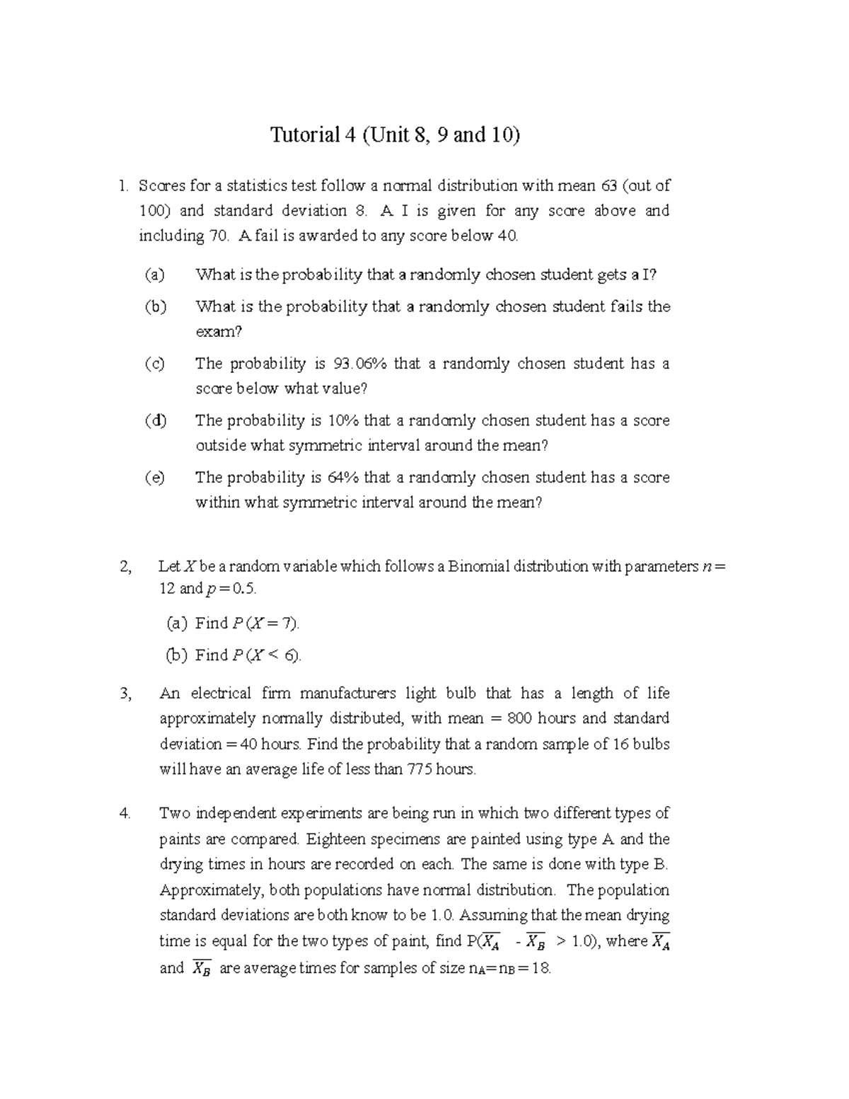 Tutorial 4: Statistics & Probability Questions (Units 8-10) - Studocu