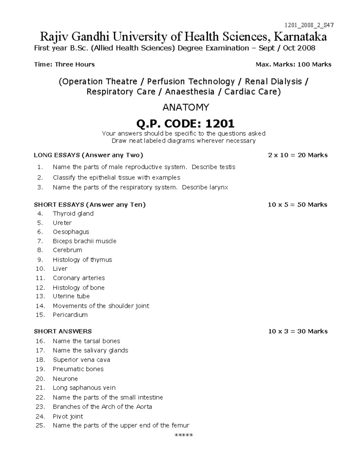 1201_2008_2_S47 Anatomy Exam Q.P. - B.Sc. Allied Health Sciences - Studocu
