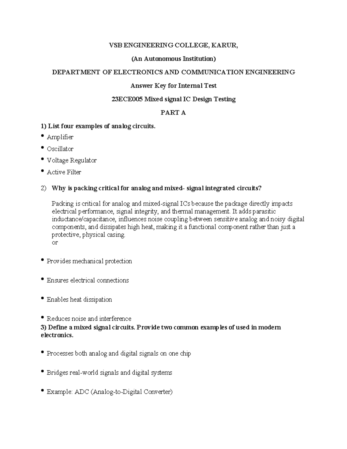 Answer Key for Internal Test 23ECE005: Mixed Signal IC Design - Studocu