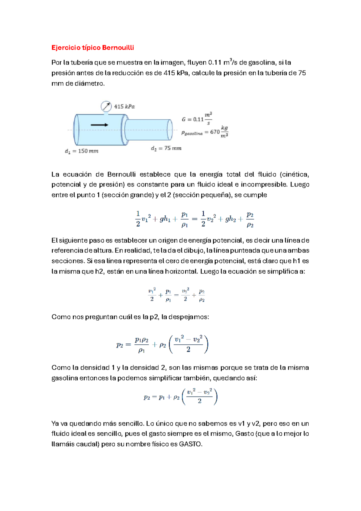 Ejercicio Típico De Bernoulli Cálculo De Presión En Tubería Studocu