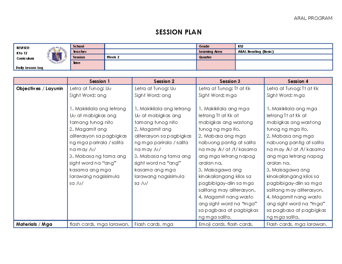 Session Plan - ARAL Program Week 2 - K to 12 Curriculum - Studocu