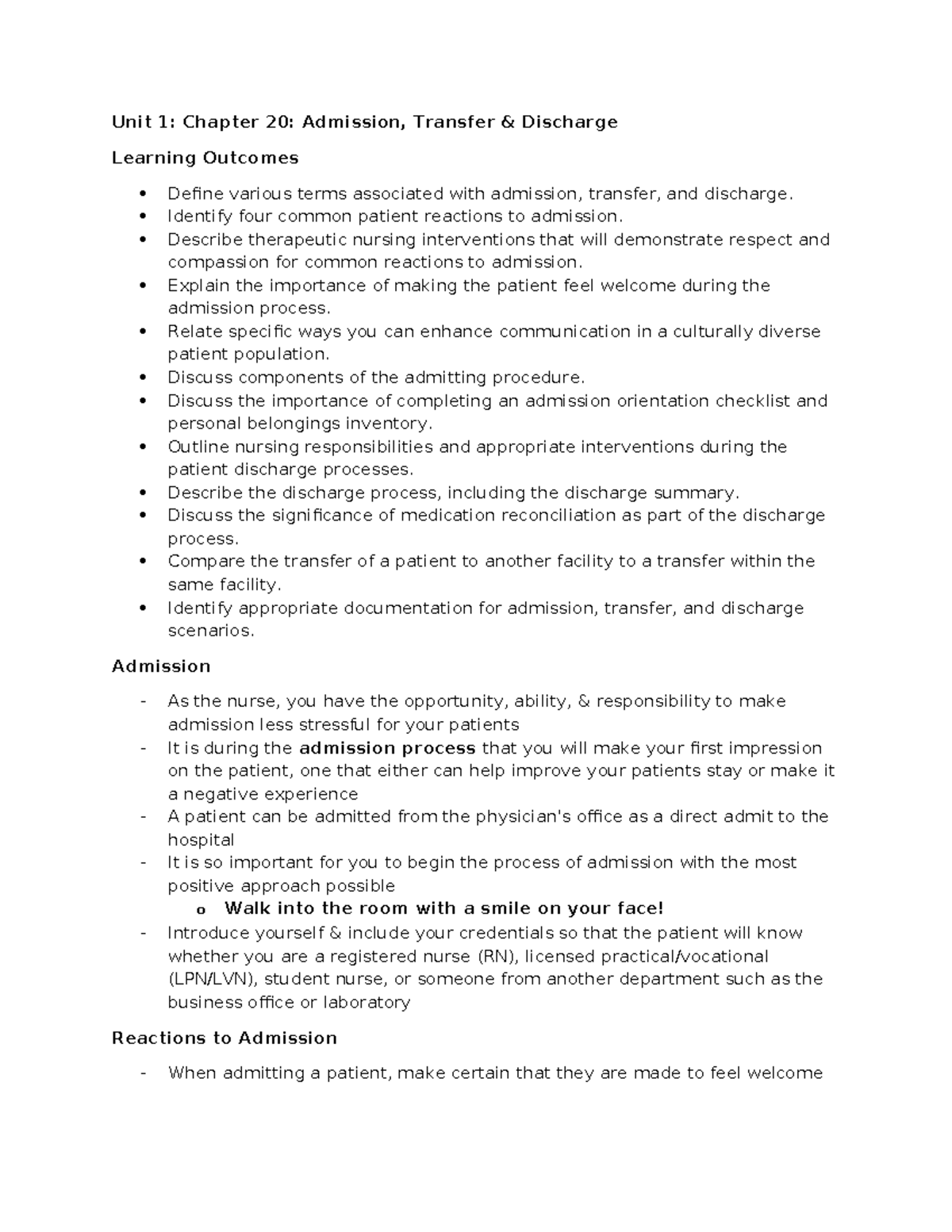 Unit 1: Chapter 20 - Admission, Transfer & Discharge in Nursing - Studocu