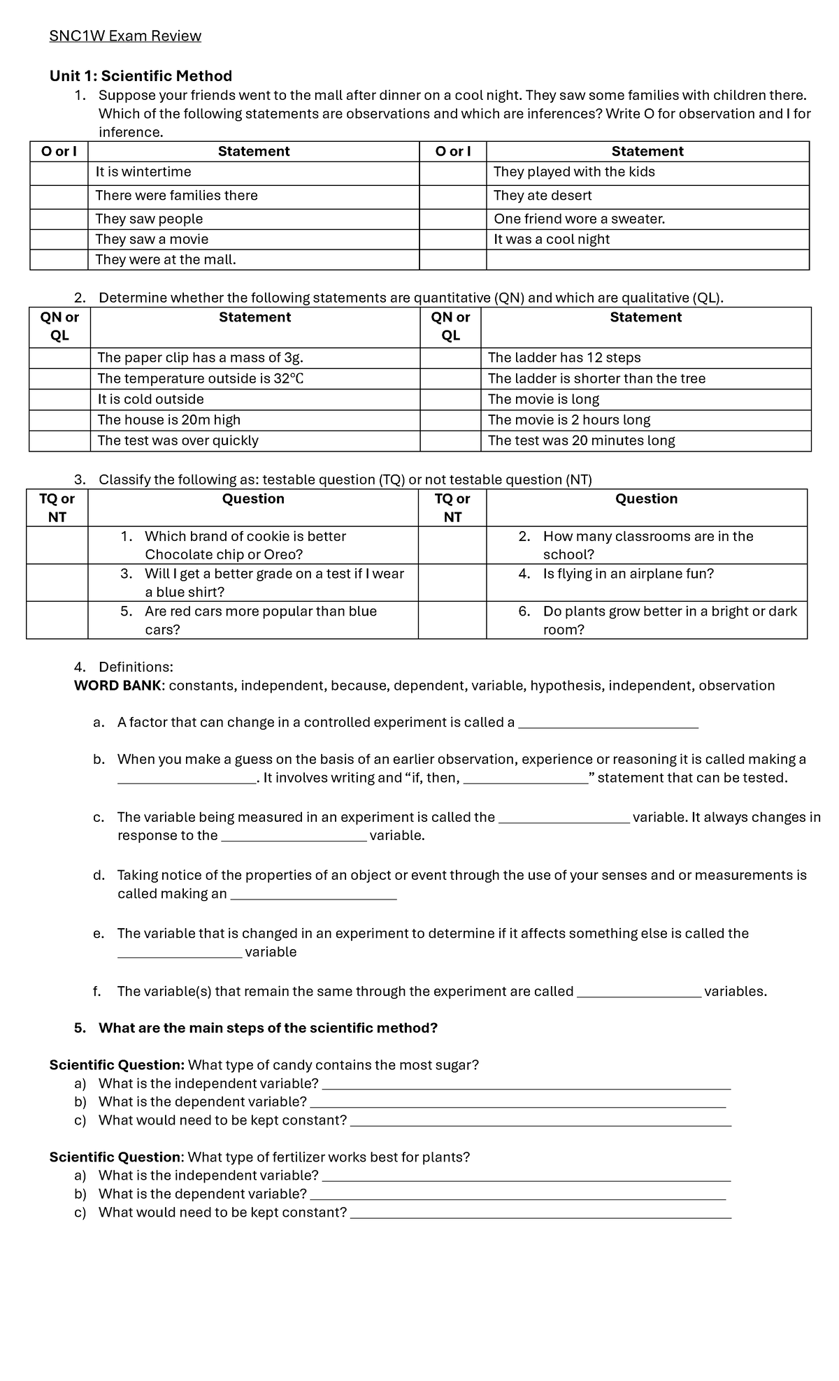 SNC1W Final Exam Review: Scientific Method & Ecology Concepts - Studocu