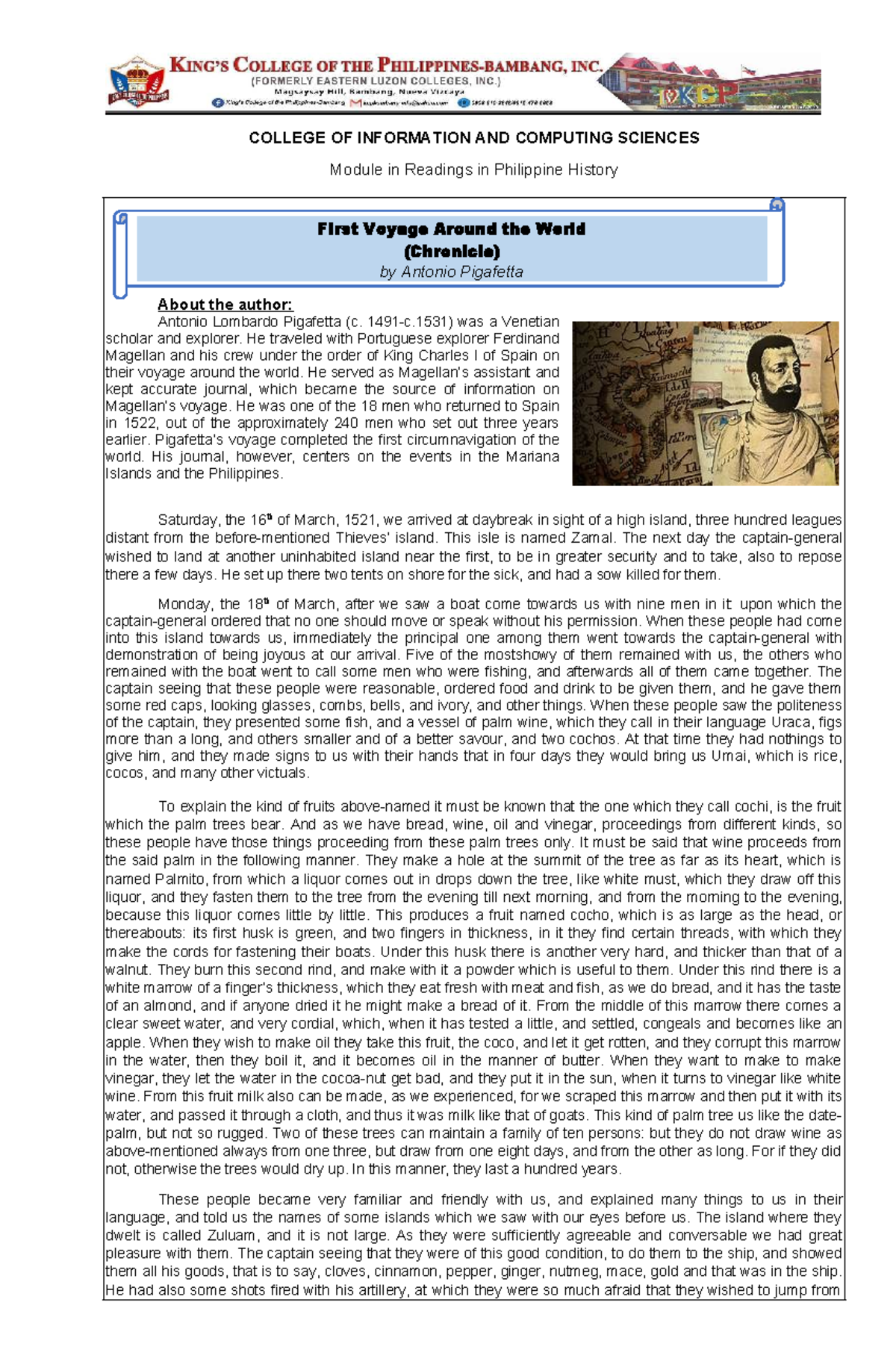 Voyage of Magellan: Primary Source on Pigafetta's Chronicle - Studocu