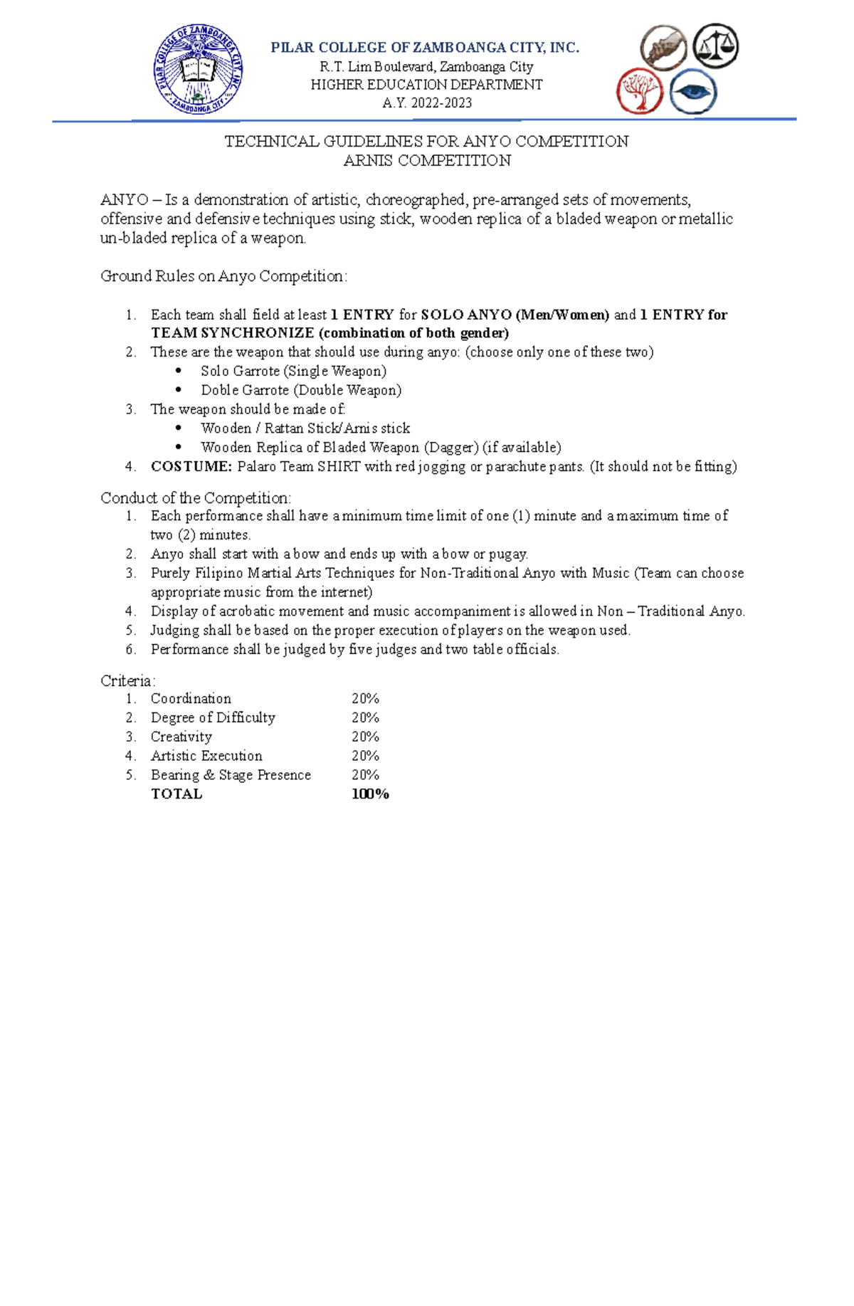 Arnis Anyo Mechanics: Technical Guidelines for Competition - Studocu