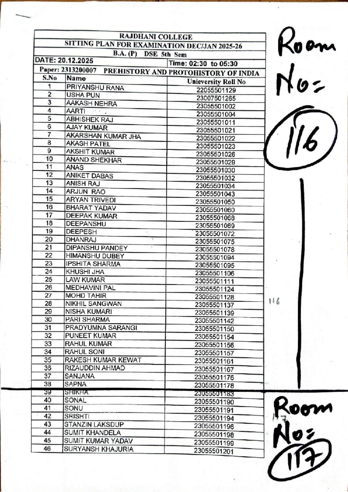 RAJDHANI COLLEGE B.A. (P) DSE 5th Sem Exam Sitting Plan - 20.12.2025 ...