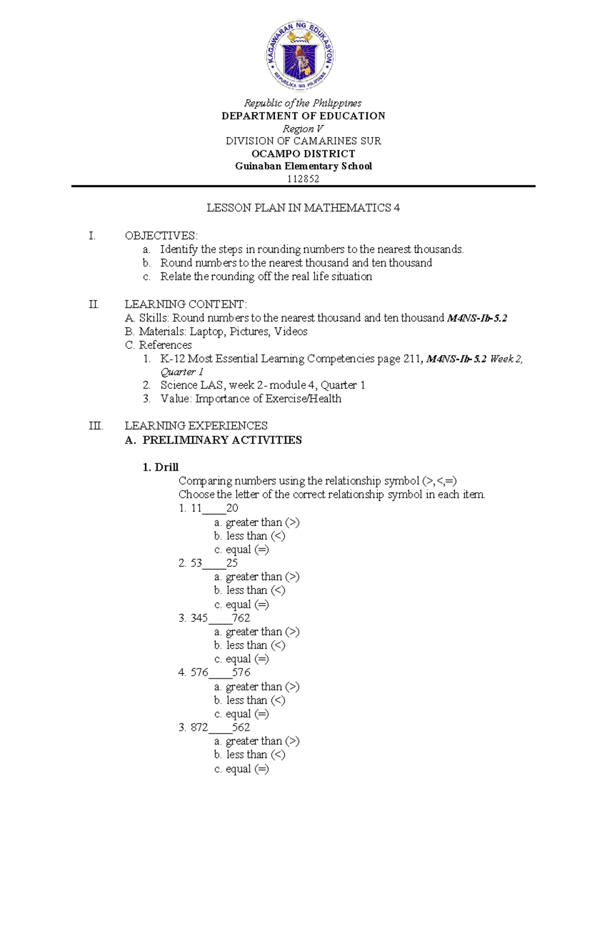 Lesson Plan M4: Rounding Off Numbers for Grade 4 Mathematics - Studocu