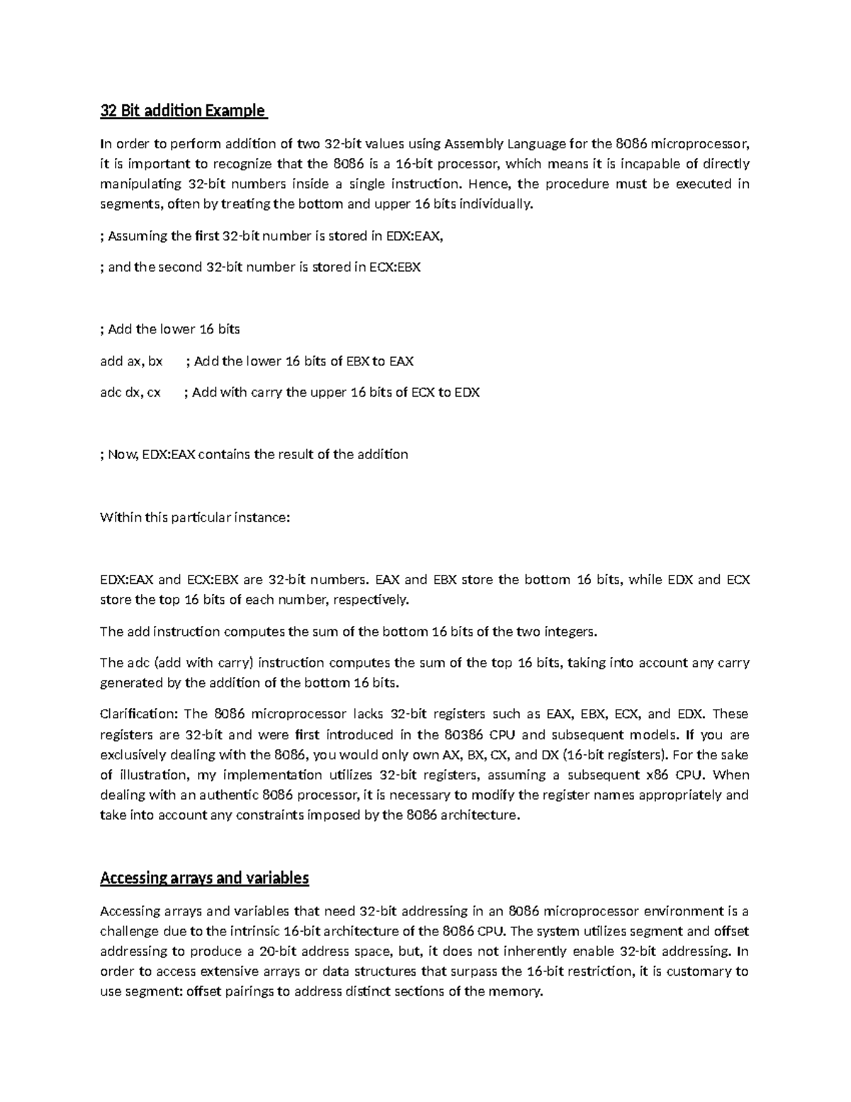 32 Bit Addition in Assembly Language for 8086 Microprocessor - Studocu