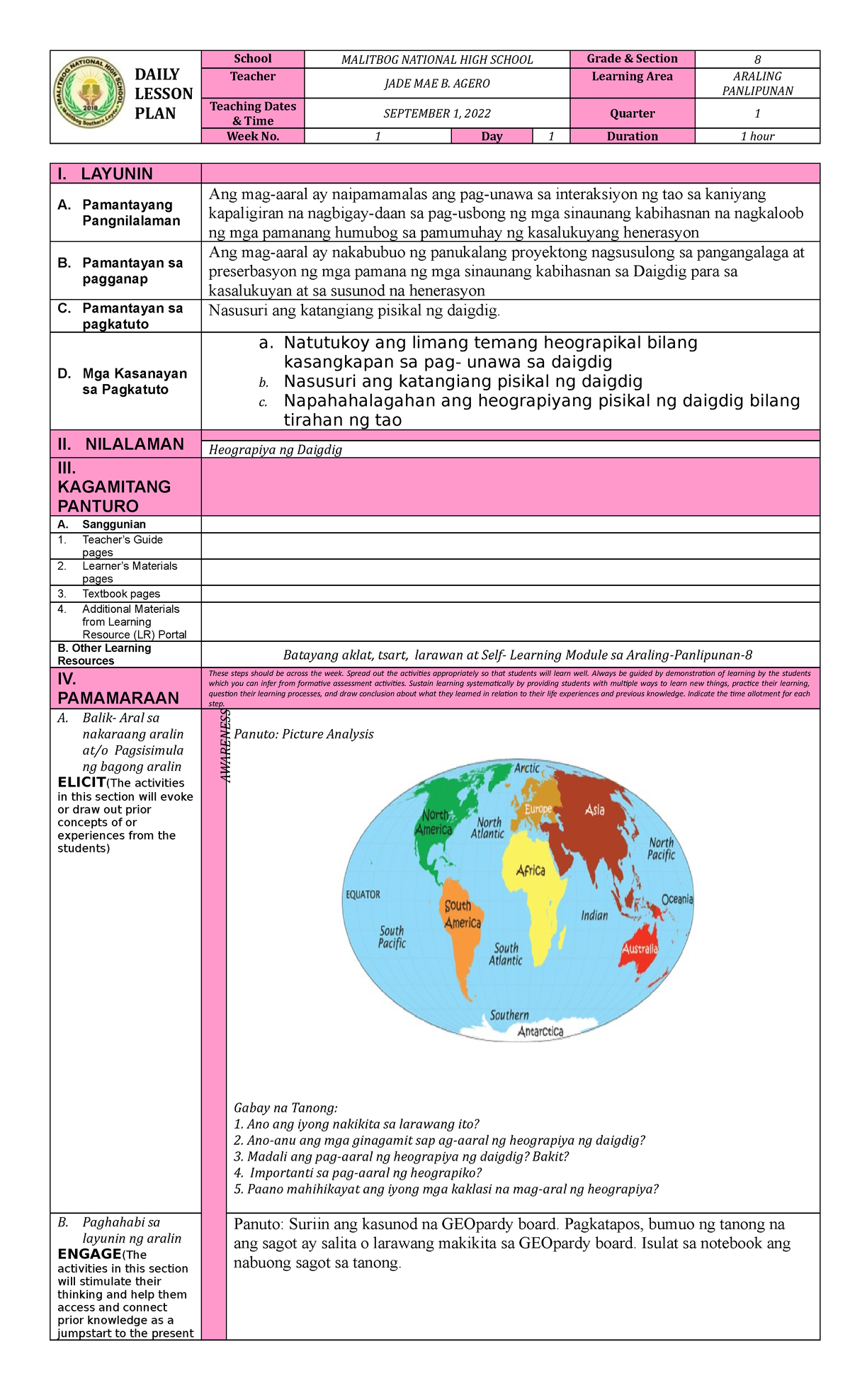 DLP-AP8 Q1 M1 - AP 8 - DAILY LESSON PLAN School MALITBOG NATIONAL HIGH SCHOOL Grade & Section 8 ...