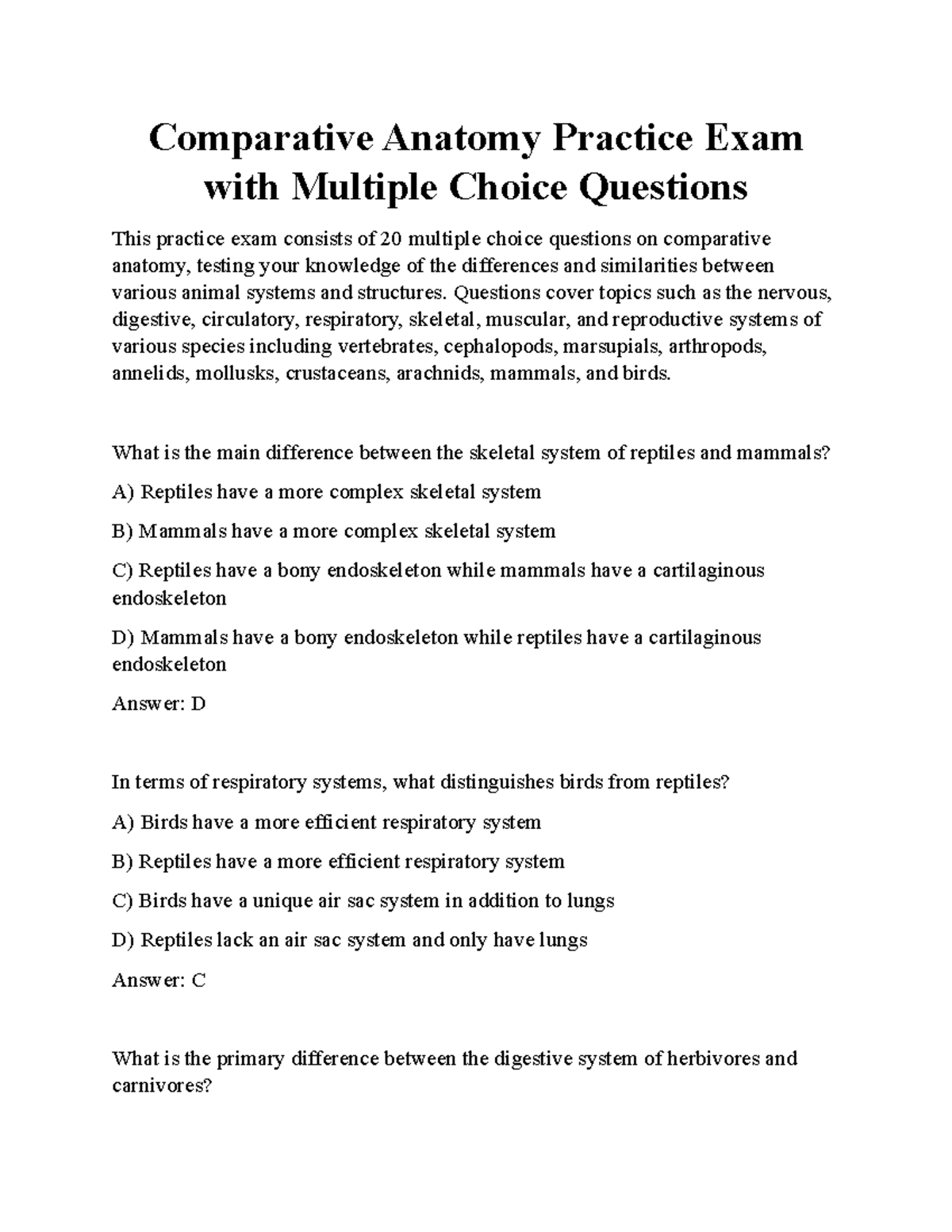 Comparative Anatomy Practice Exam: MCQs for System Differences - Studocu