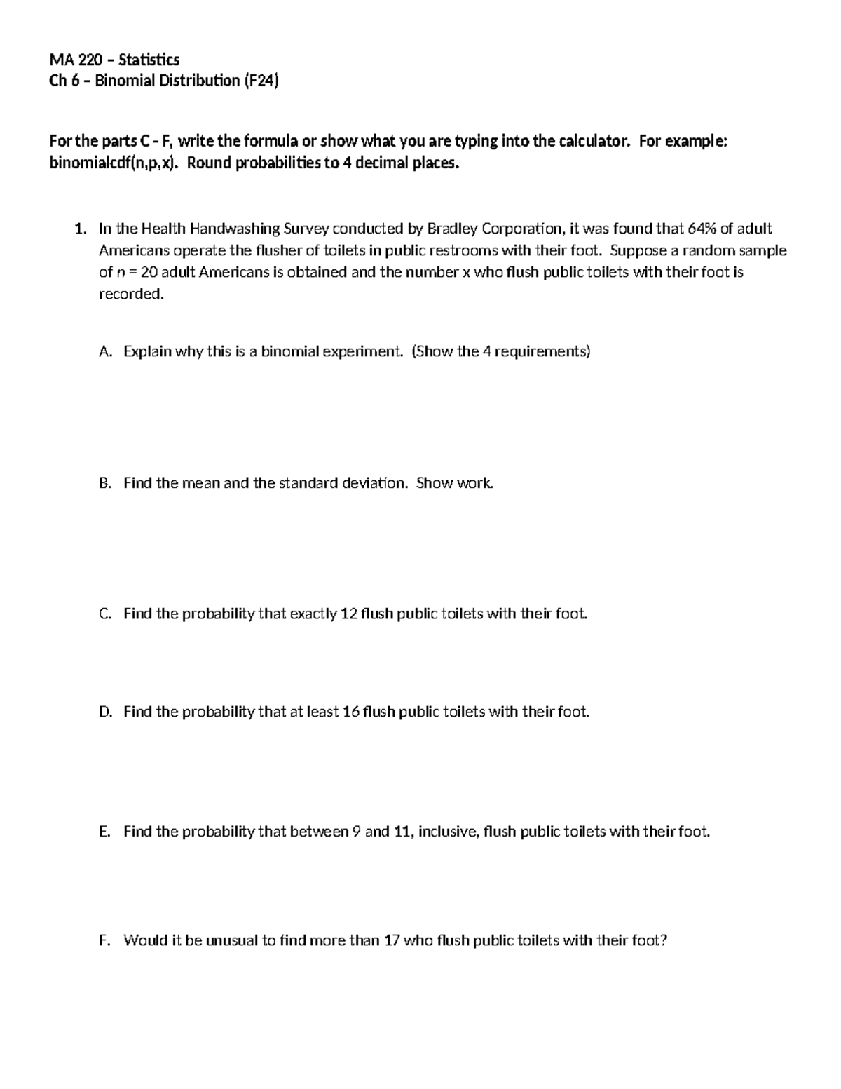MA 220 Statistics Ch 6 - Binomial Prob Dist Analysis (F24) - Studocu