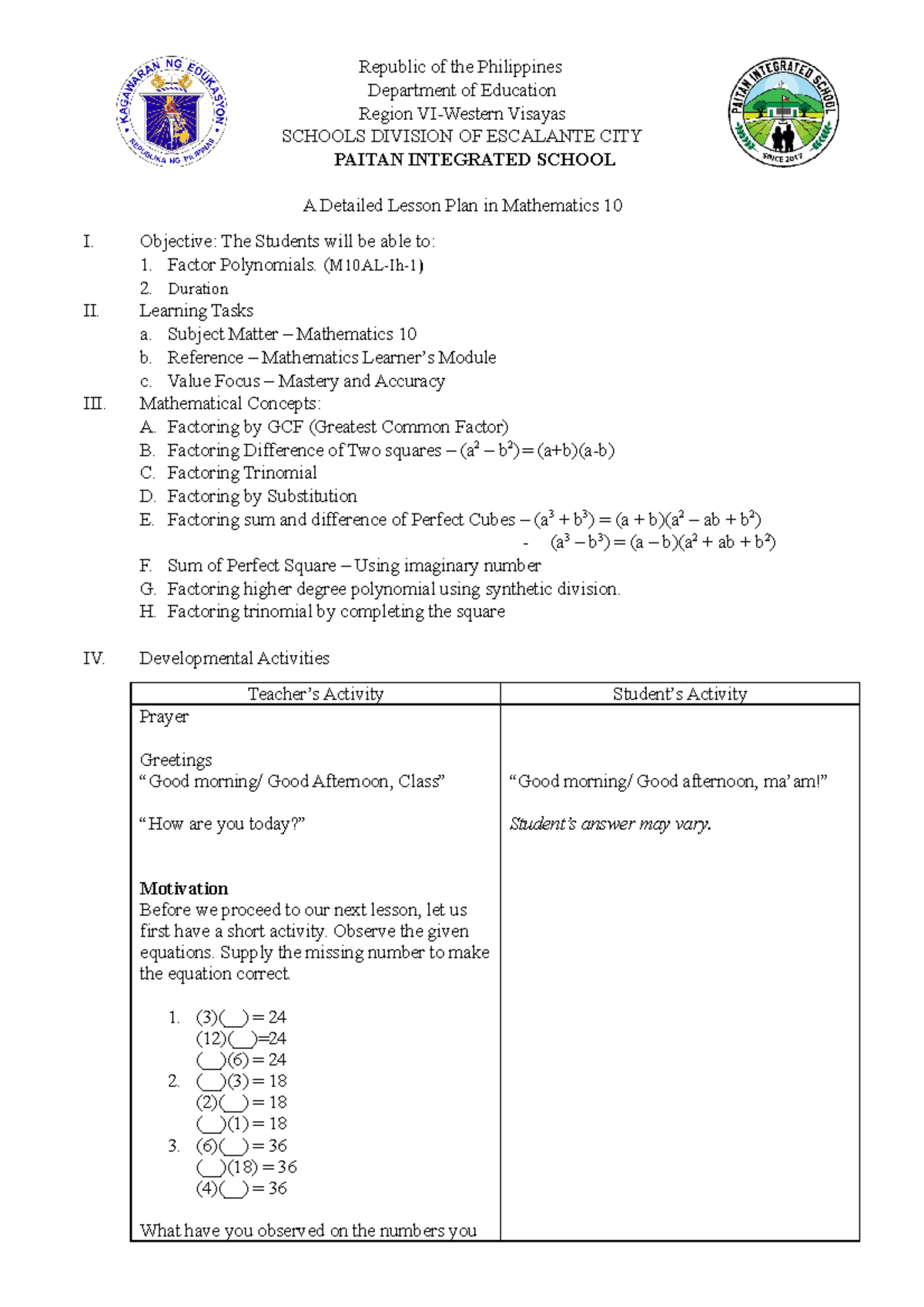 Detailed Lesson Plan: Factoring Polynomials in Mathematics 10 - Studocu