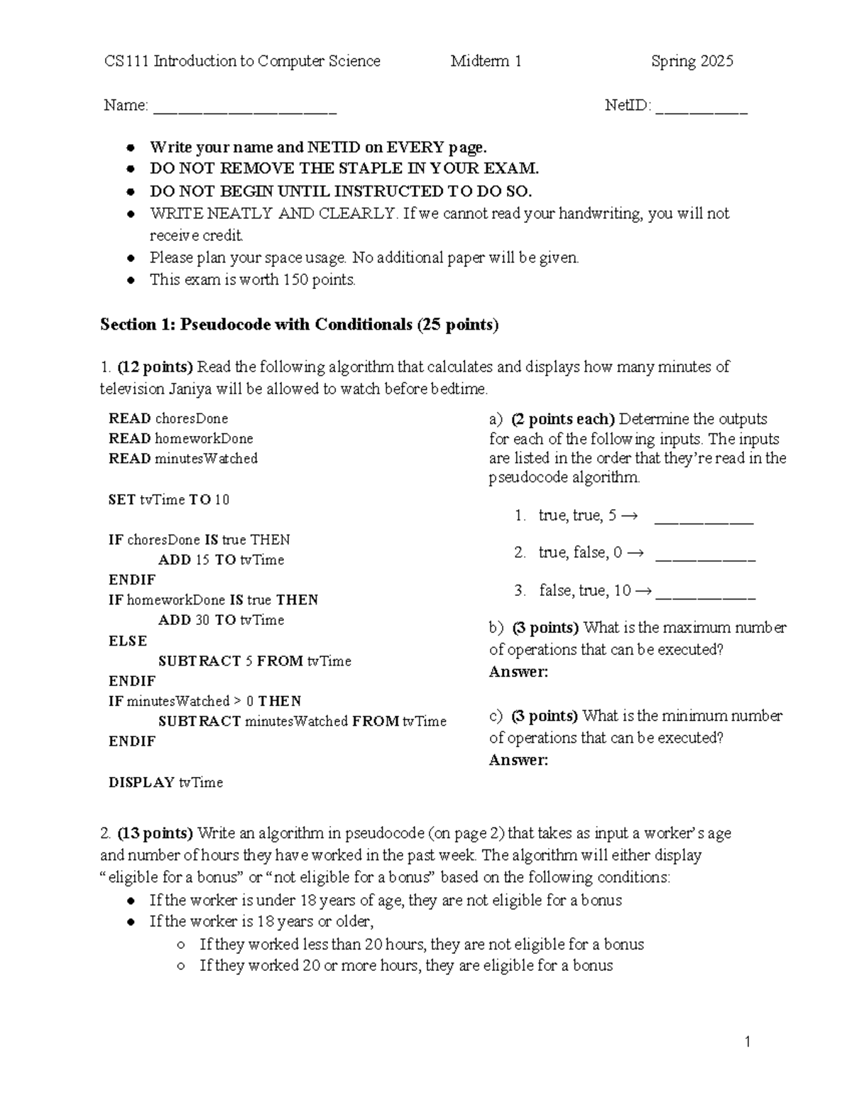 Introduction to Computer Science S25 Midterm 1 Practice Questions - Studocu