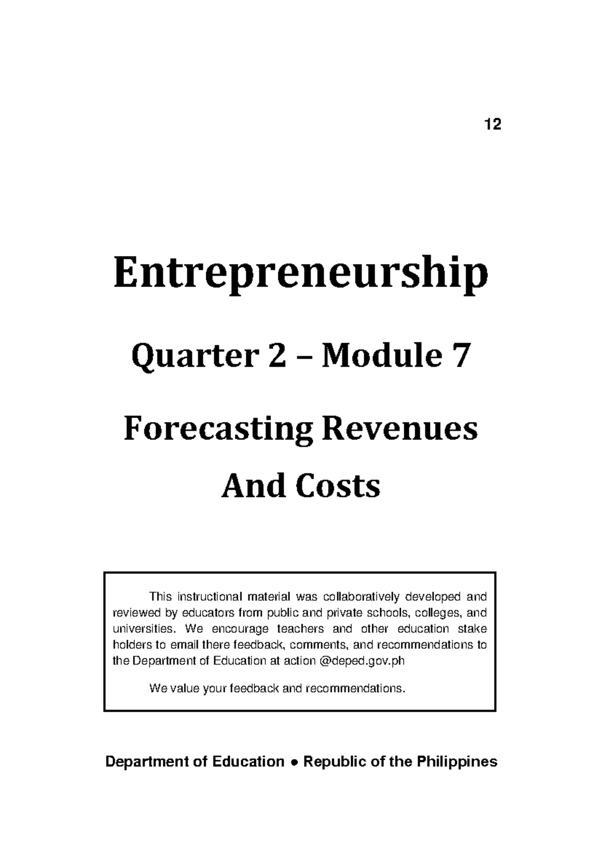 Entrep 12 Q1 Mod7 Revenue and Cost Forecasting Guide - Studocu