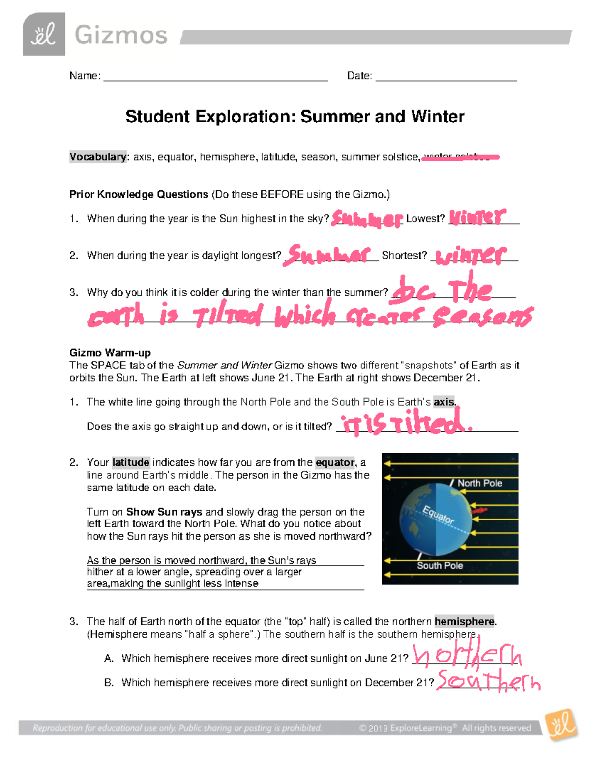 Exploration of Seasons: Summer and Winter Gizmo (SE - Activity Guide ...