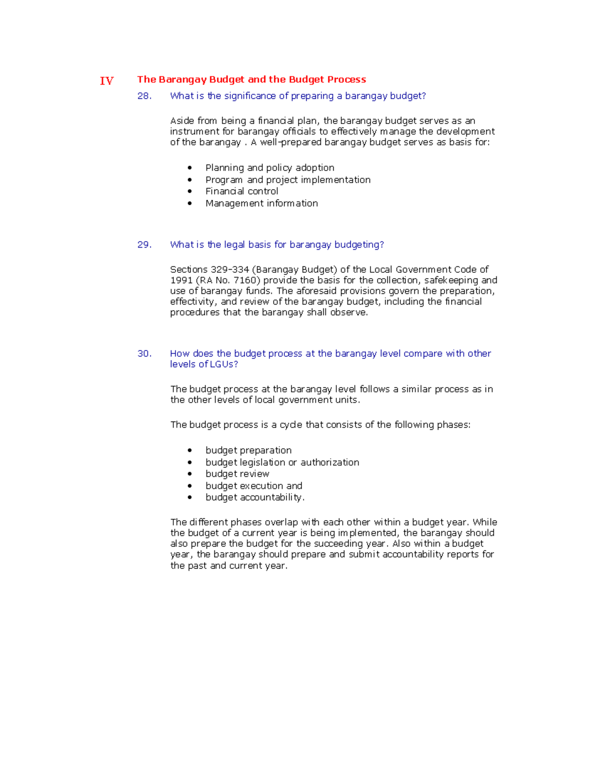Government Accounting: Barangay Budget Process in the Philippines - IV ...