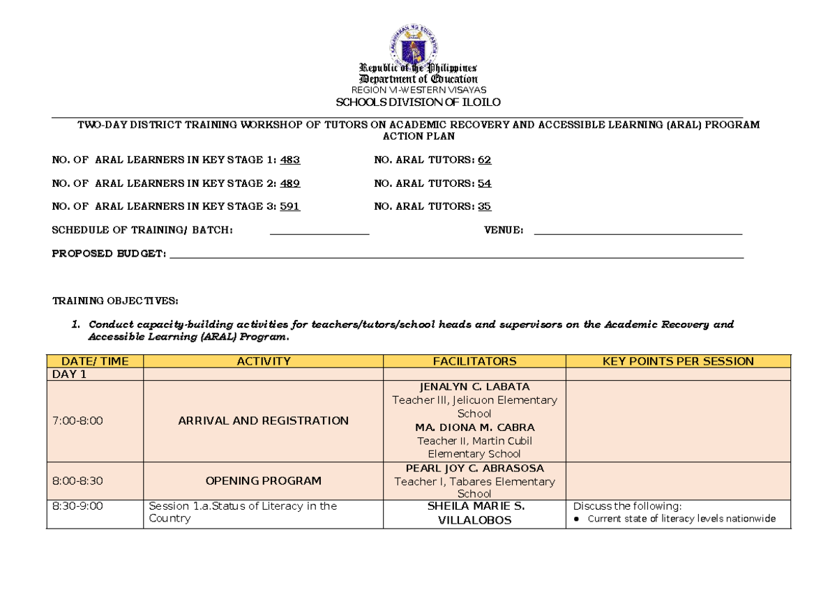 District ARAL Program Implementation Plan: Training Workshop Overview ...