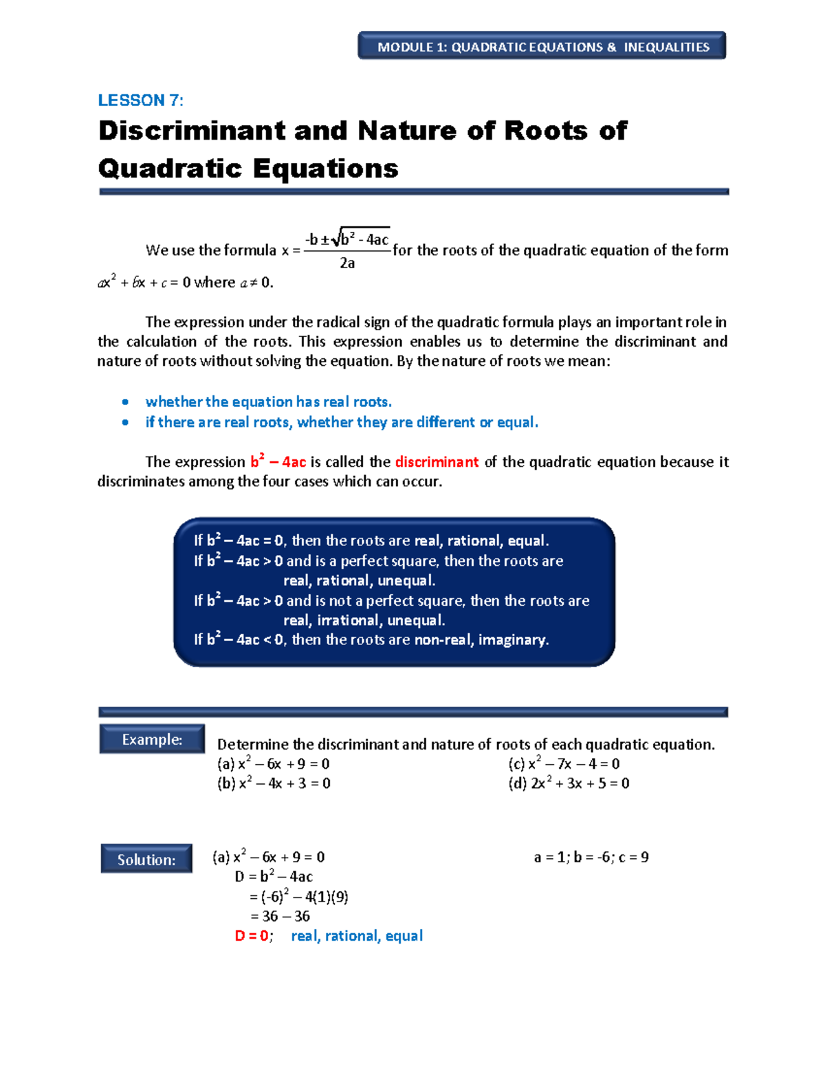 Lesson 7: Discriminant & Nature of Roots in Quadratic Equations - Studocu