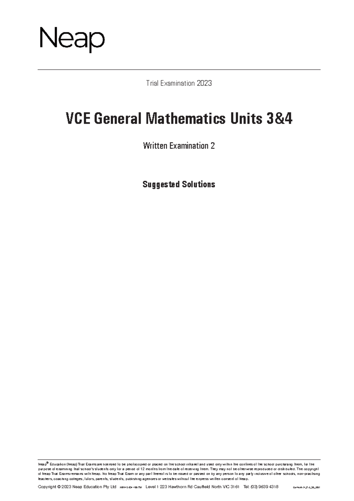 VCE General Mathematics Units 3&4 Exam 2 Suggested Solutions 2023 - Studocu