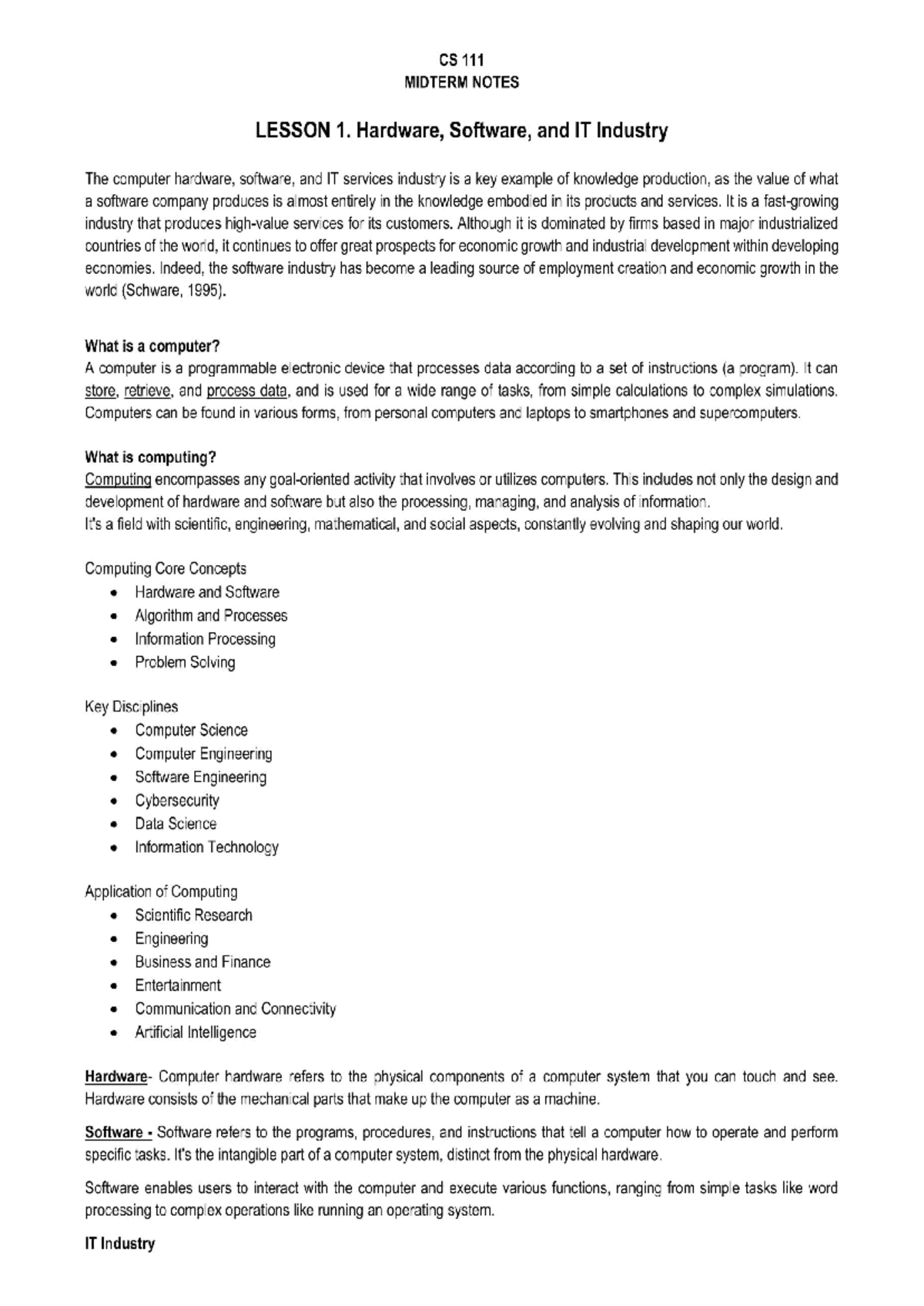 CS MIDTERM NOTES: Hardware, Software, and IT Industry Overview - Studocu