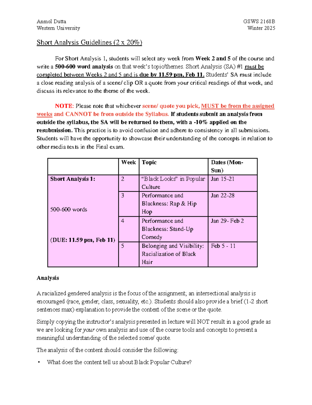 Short Analysis Guidelines 3 - Short Analysis (SA) #1 must be completed ...