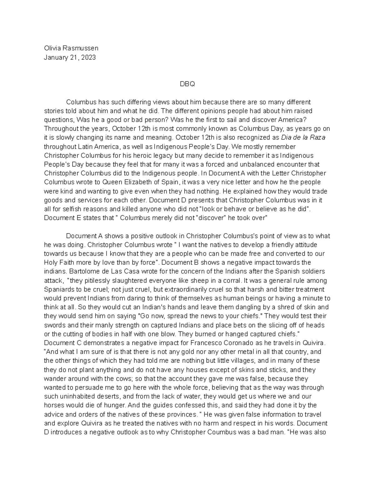 US History: Columbus DBQ Analysis on Perspectives and Impact - Studocu