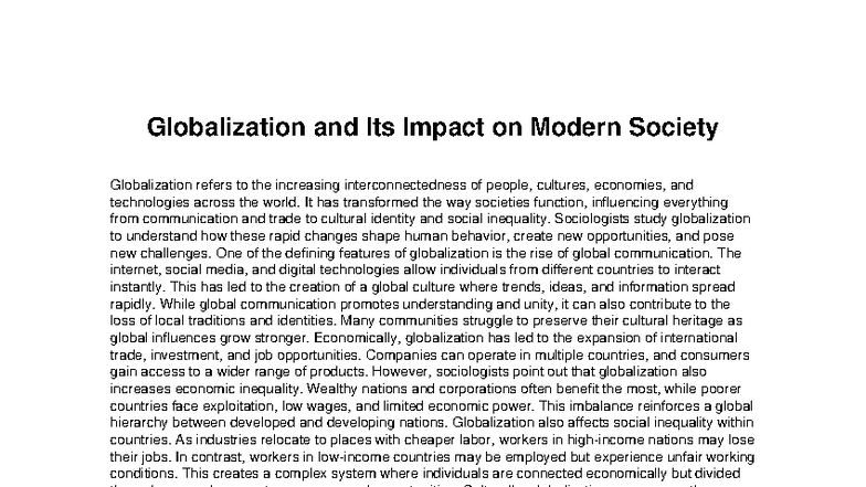 Globalization and Its Societal Impact: An Essay Analysis - Studocu