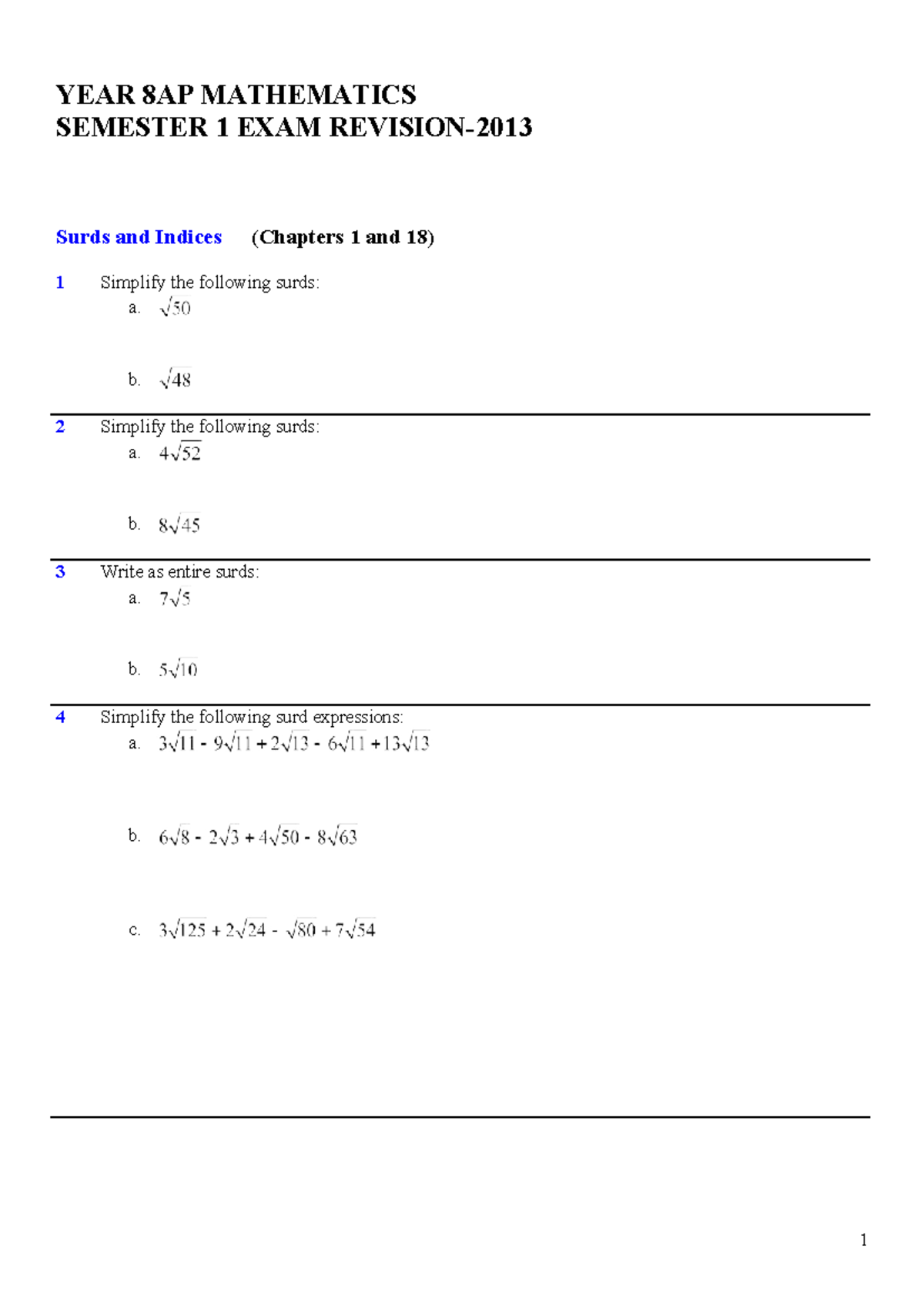 YEAR 8AP MATHEMATICS SEM 1 EXAM: Surds & Indices Revision (Ch 2 & 10 ...