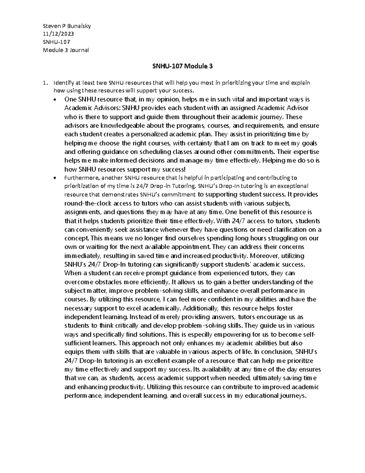 SNHU-107 Module 3 Journal Assignment: Resources & Supports for Success ...