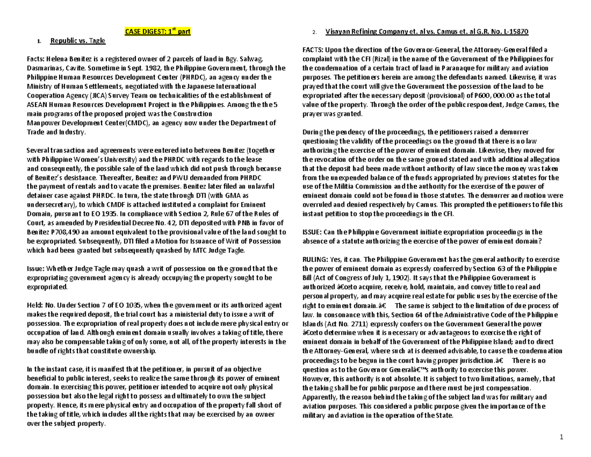 Expropriation Cases Digest: Key Rulings & Legal Insights - Studocu