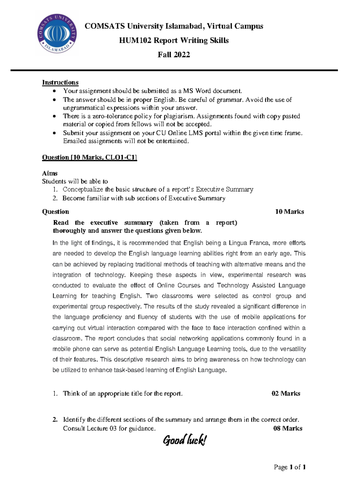 FA22 HUM102 Assignment 1 Hybrid - COMSATS University Islamabad, Virtual ...