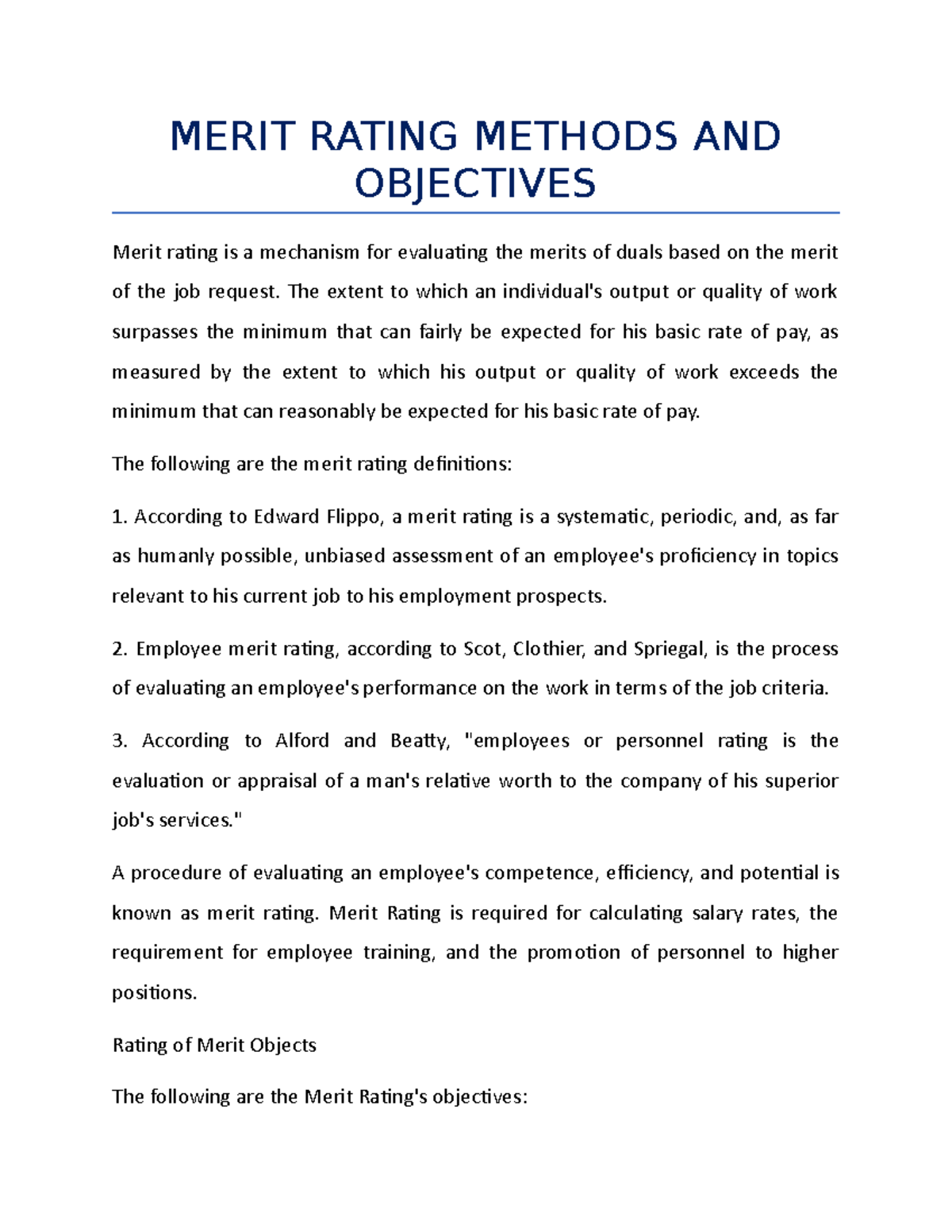 Merit Rating Methods and Objectives Overview for HR Management - Studocu