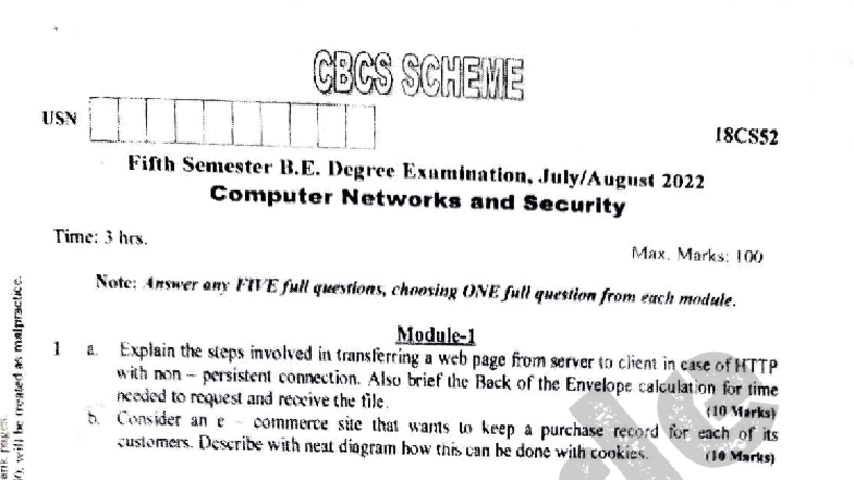 18CS52 Fifth Sem B.E. Exam 2022: Computer Networks & Security - Studocu