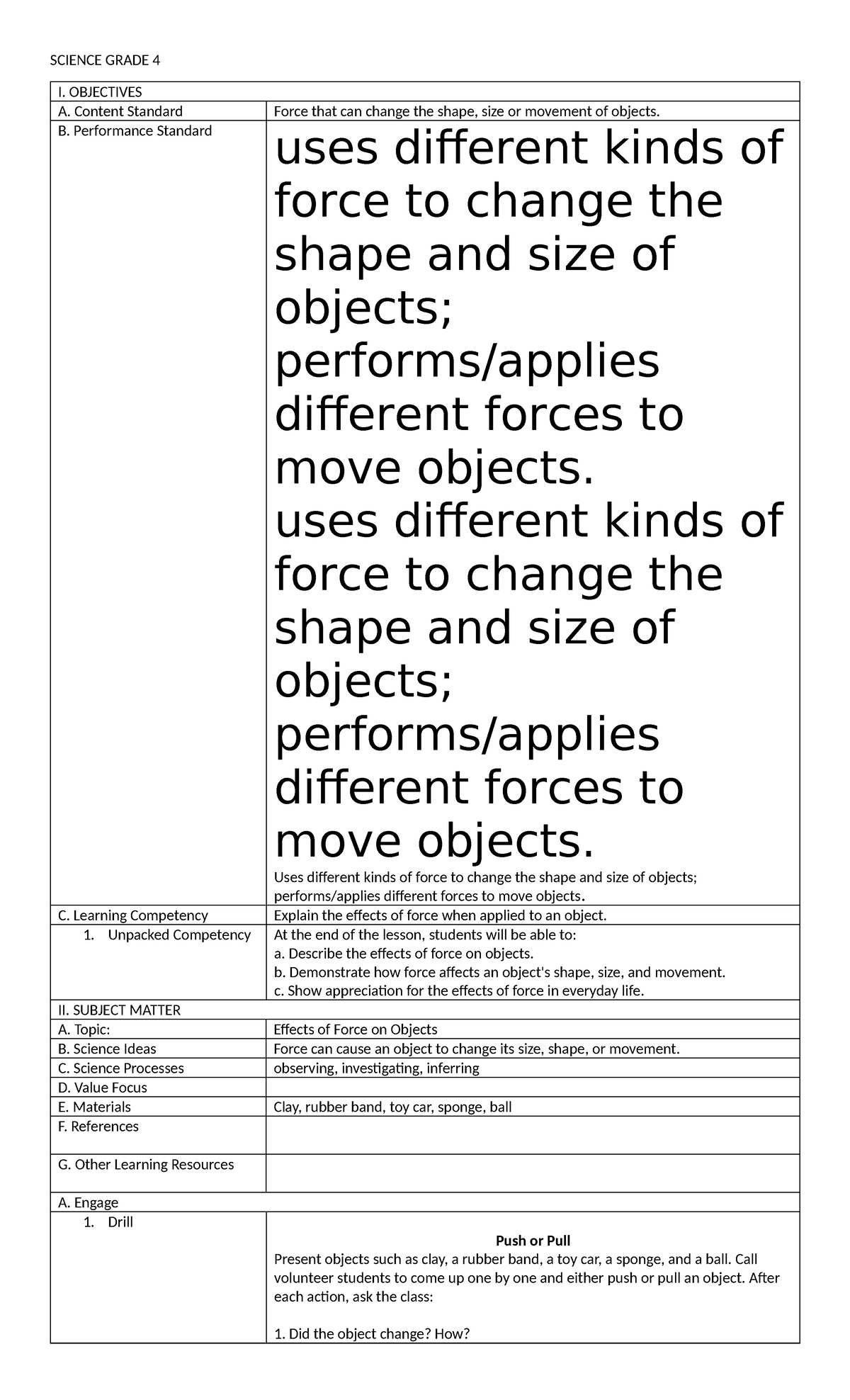Effects of Force on Objects - Science Grade 4 Lesson Plan - Studocu