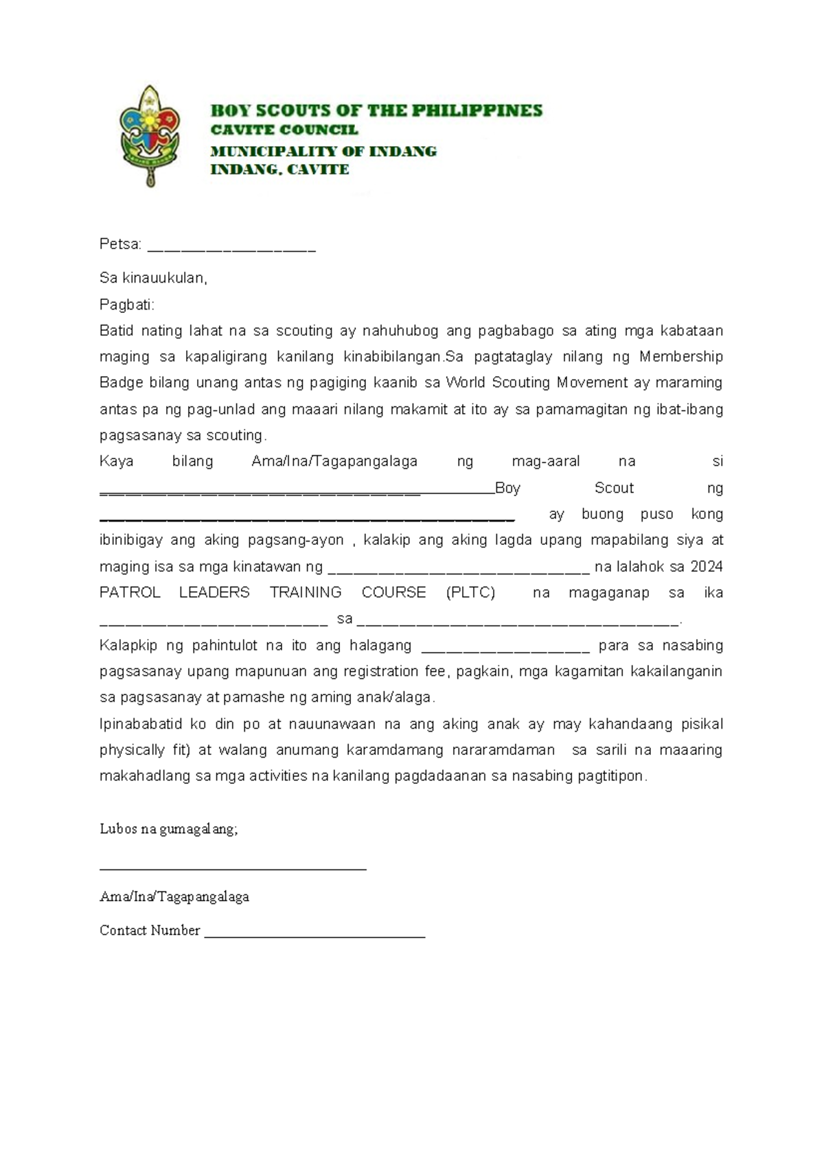 BSP-Pahintulot - Parent's Permit for 2024 PLTC Participation - Studocu
