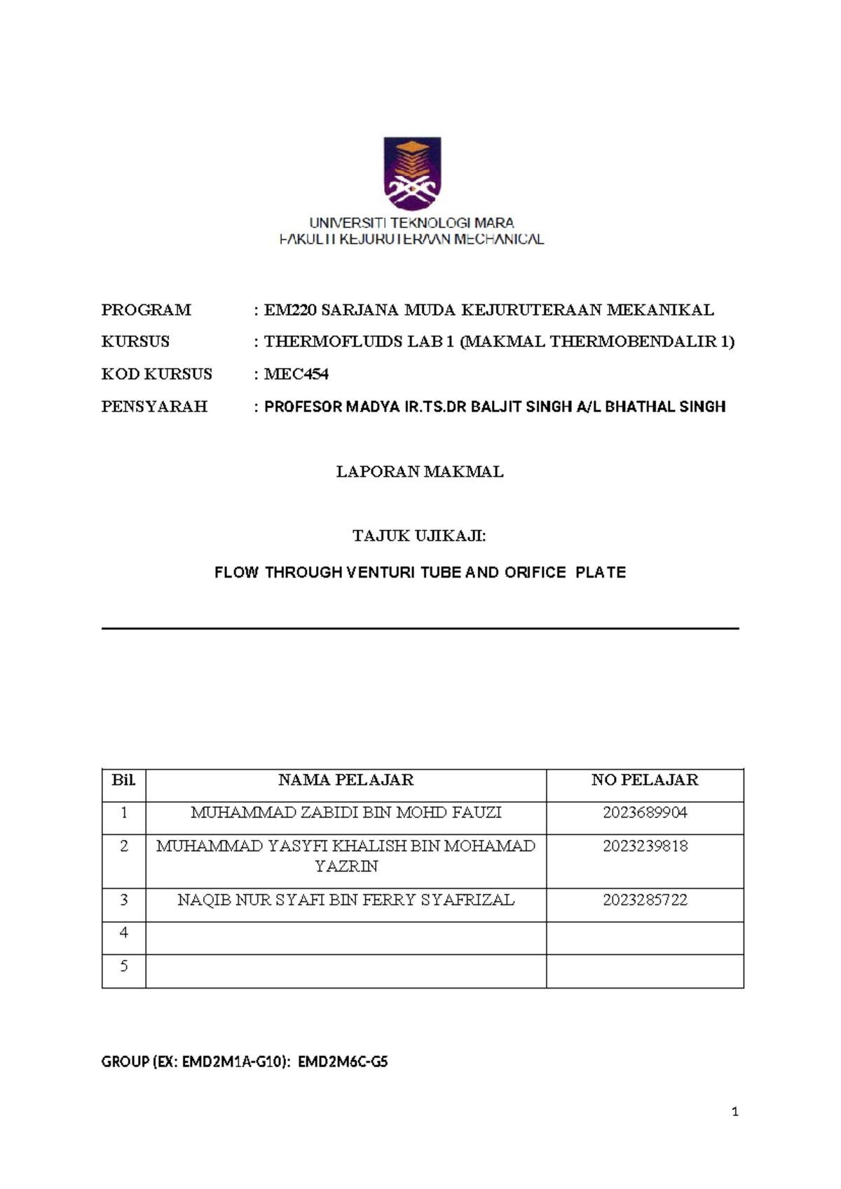 Lab Report MEC: Flow Through Venturi Tube & Orifice Plate in ...
