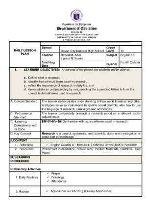 Sample-DLP-1 - Sample DLP - DAILY LESSON PLAN Date Subjec t Subject ...