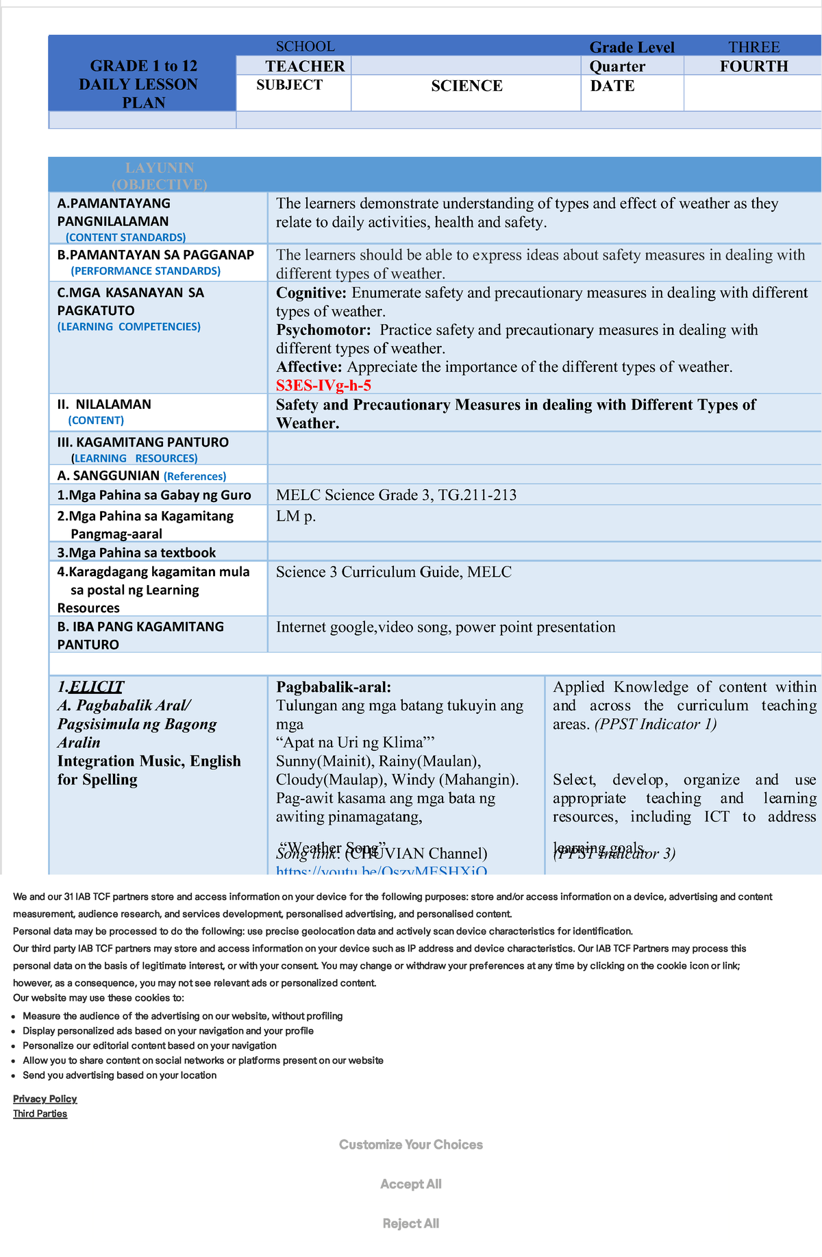 Grade 3 Science Lesson Plan: Weather Safety Measures - Studocu