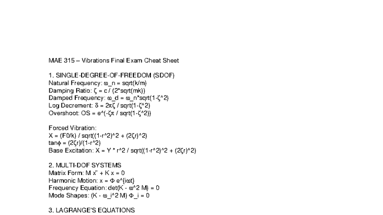 MAE 315 Vibrations Final Exam Cheat Sheet - Studocu