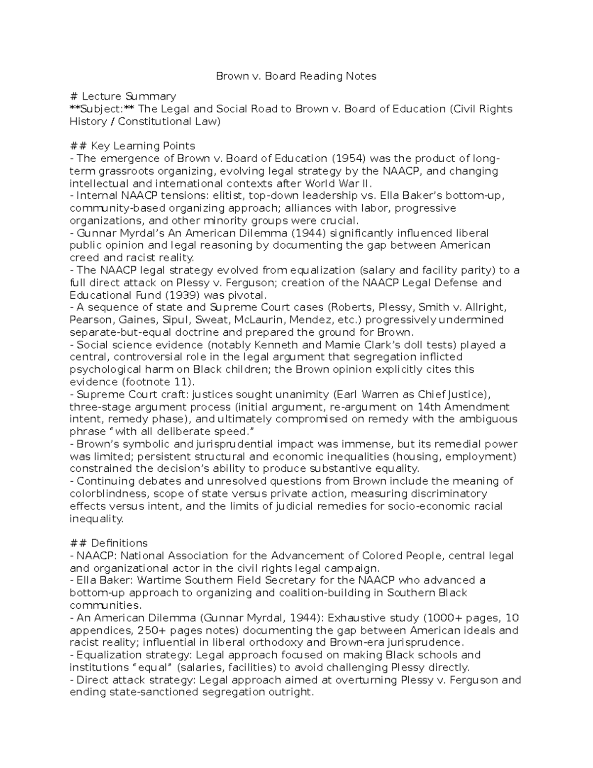 Brown v. Board of Education (Civil Rights) Lecture Summary and Key ...
