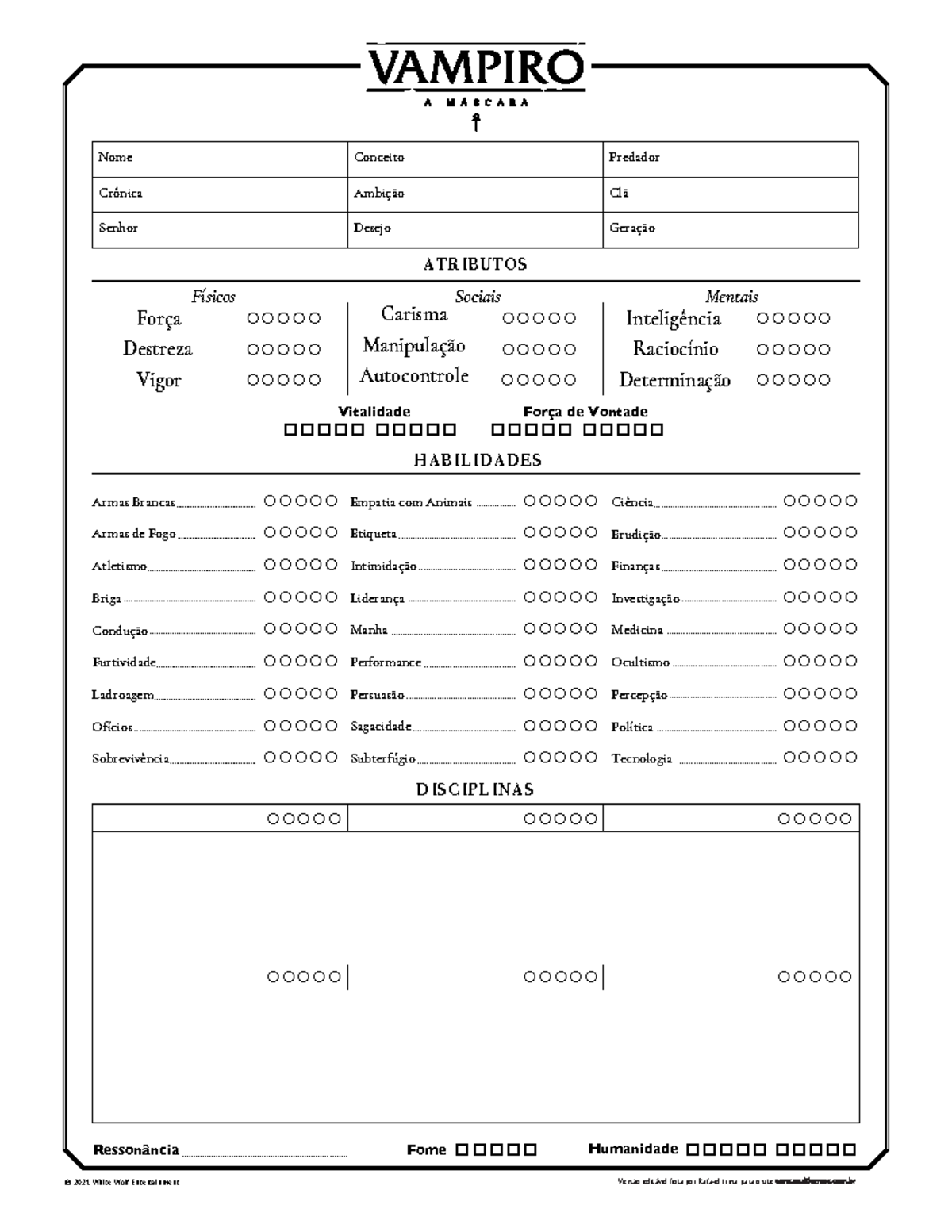 Ficha de Personagem - Vampiro: A Máscara V5 (Editável) v1 - Studocu