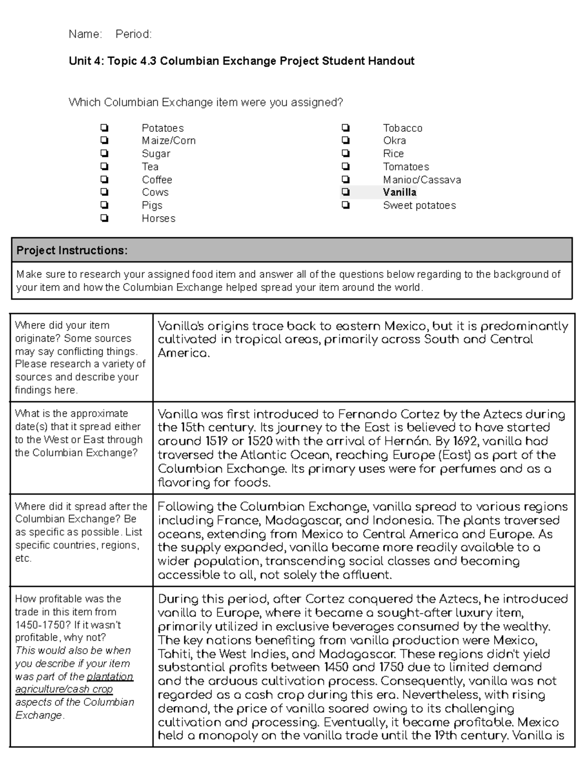 Unit 4.3 Columbian Exchange Project Student Handout on Food Items - Studocu