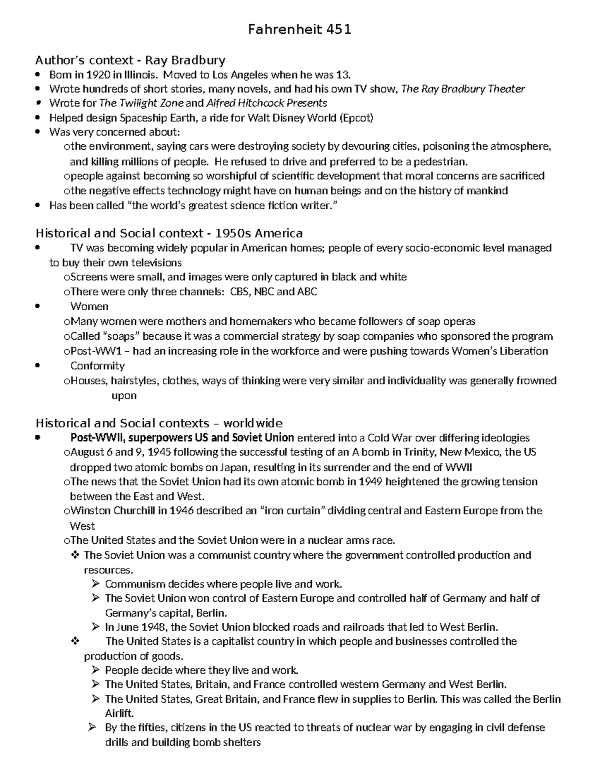 W1L2 - study notes - Fahrenheit 451 Author’s context - Ray Bradbury ...