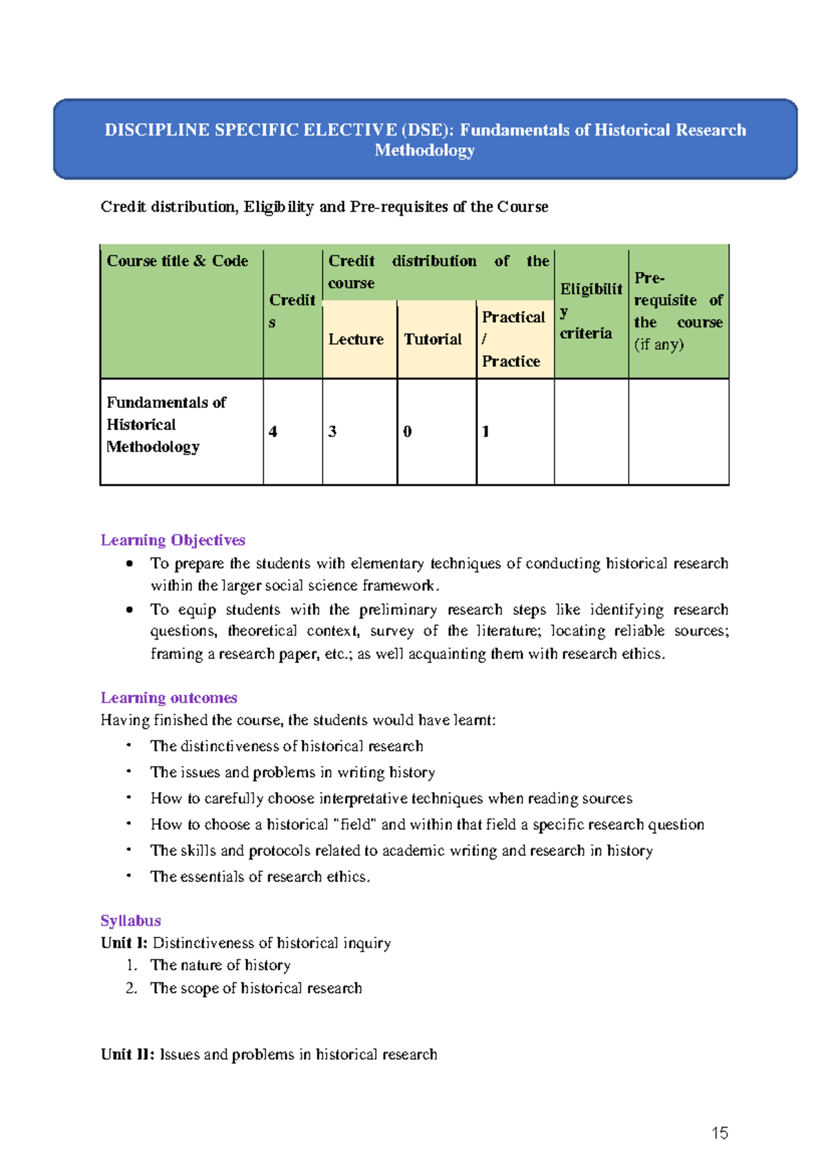DSE: Fundamentals of Historical Research Methodology Syllabus - Studocu