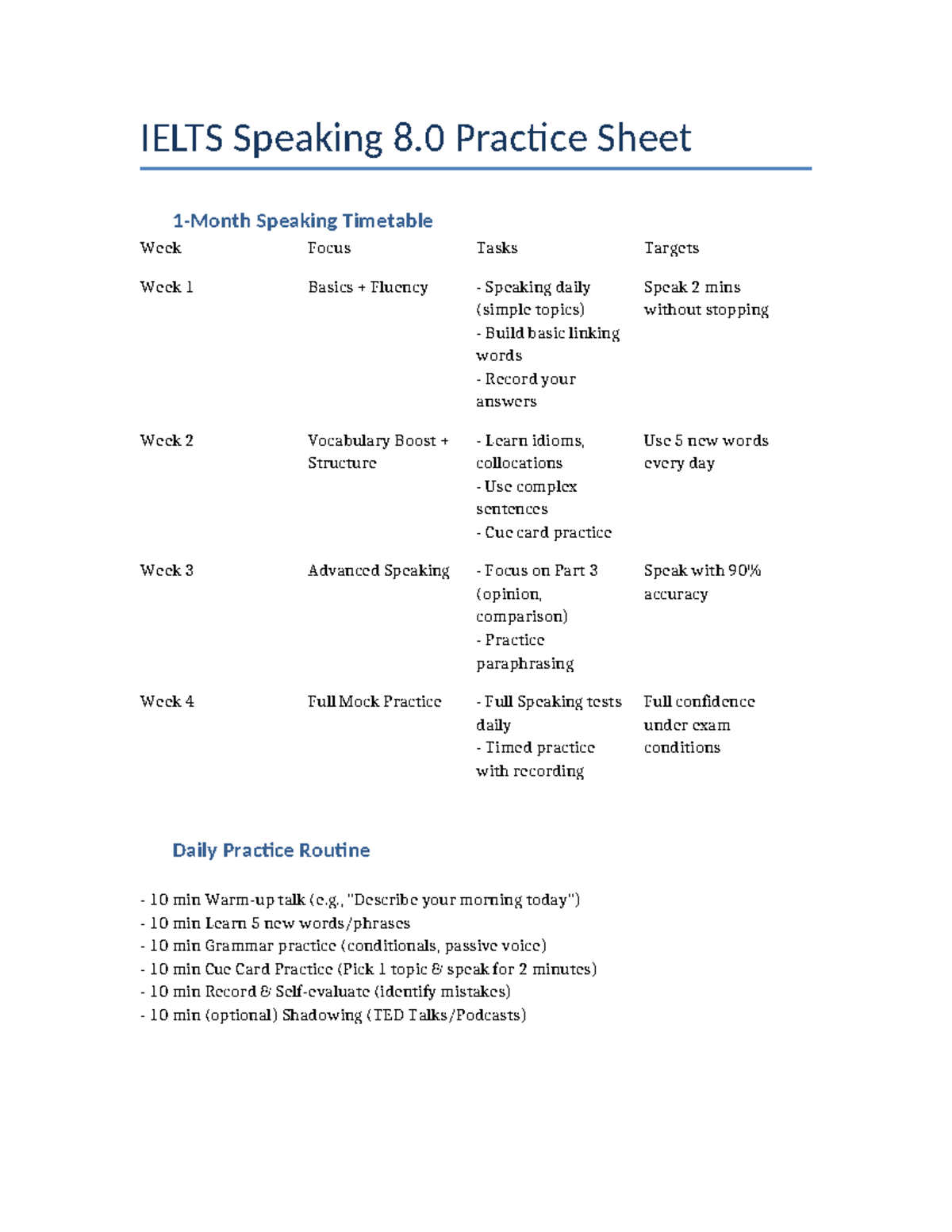 IELTS Speaking Practice Sheet: 8.0 Weekly Timetable & Tasks - Studocu