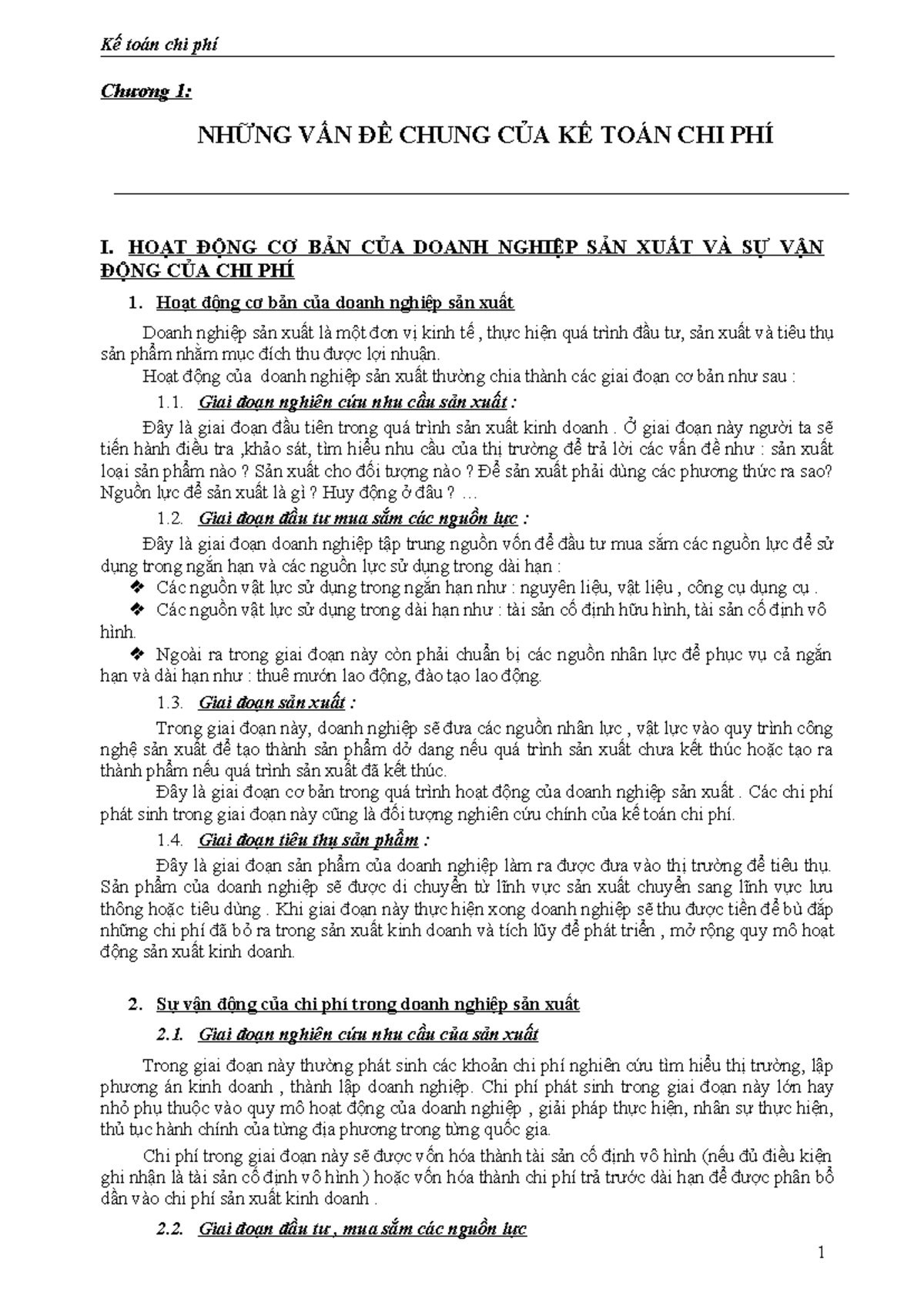 Giao Trình Kế Toán Chi Phí - Chương 1: Những Vấn Đề Chung - Studocu
