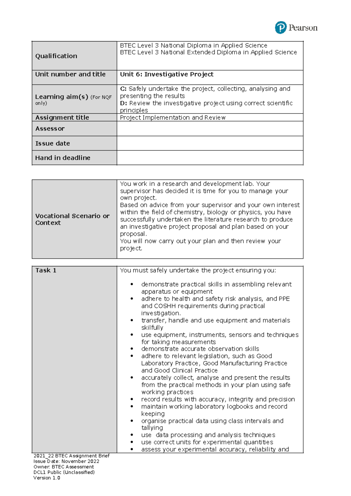 BTEC Level 3 Applied Science Unit 6 Investigative Project Brief - Studocu
