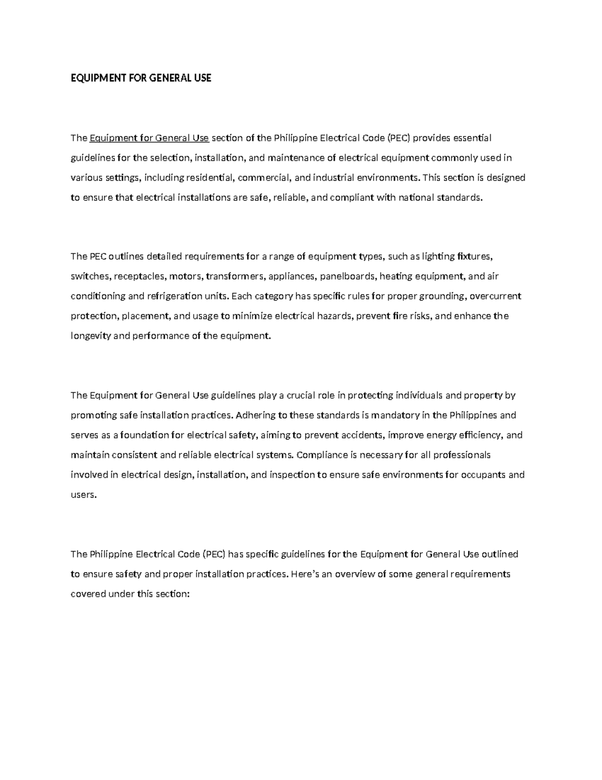 PEC Guidelines for Equipment Installation & Safety Standards - Studocu