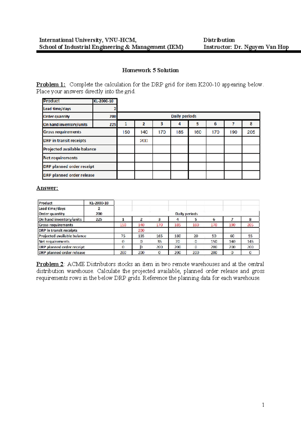 IEM Homework Chapter 5 Solutions: DRP Grid Calculations & MRP Plan ...